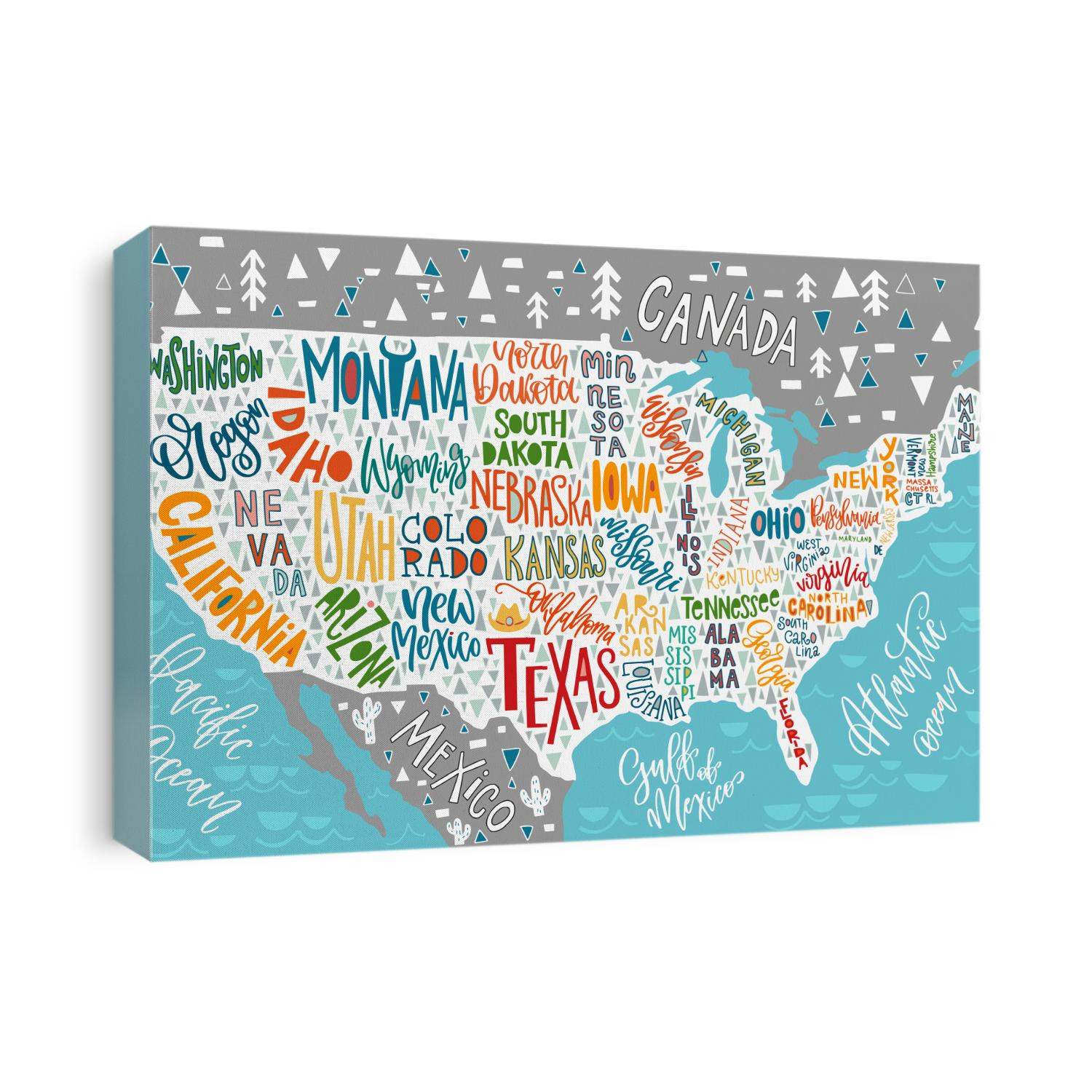 USA Map With States - Pictorial Geographical Poster Of America, Hand ...